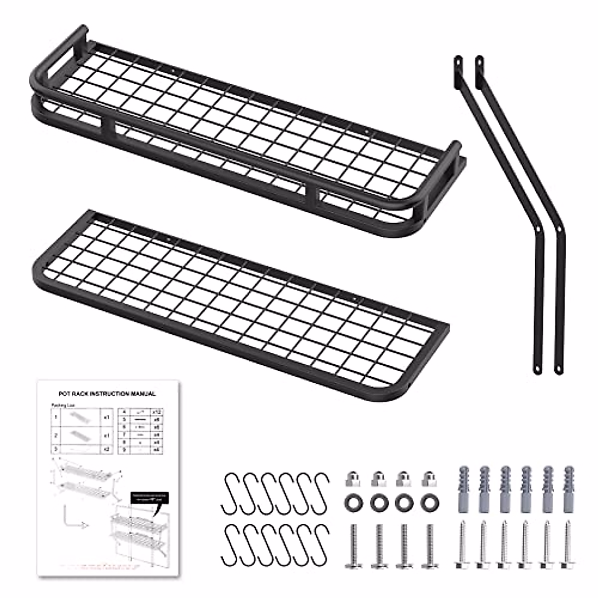 ChefHachiro Kitchen Pot Rack, Heavy Duty Wall Mount Pots and Pans Organizer, 2-Tier Wall Shelves with 12 S Hooks for Kitchen Cookware Utensils