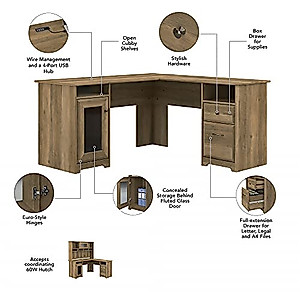 Bush Furniture Cabot L Desk with Hutch and 5 Shelf Bookcase, 60W, Reclaimed Pine