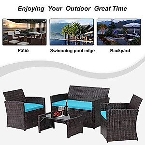 Saemoza 4 Pieces Outdoor Patio Furniture Set, Outdoor Wicker Rattan Patio Furniture with Tempered Glass Tabletop Clearance（Blue）