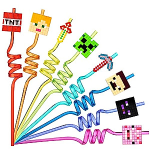 NITELUO 24Pcs Miner Craft Birthday Party Supplies Reusable Drinking Straws,8 Designs Pixel Themed Party Favors with 2 Cleaning Brush MWXG