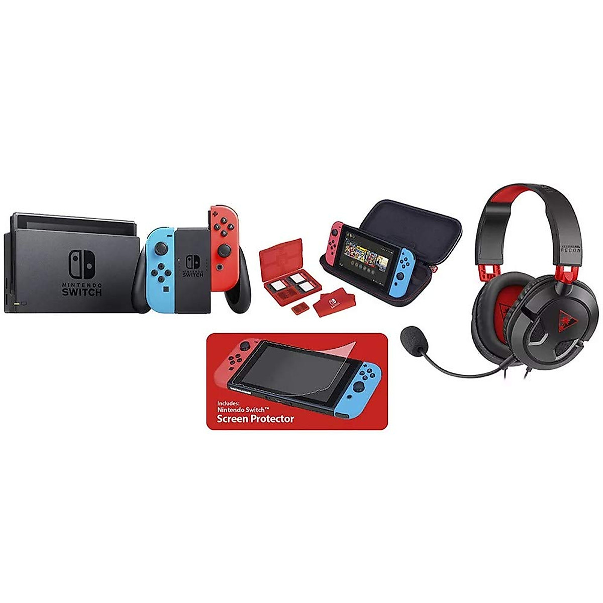 Nintendo Switch Console + Essential Gamer Gear Bundle with RDS Game Traveler Deluxe Travel Case and Turtle Beach Recon 50 Headset (US Warranty, 64GB SD Card Bundle, Neon)
