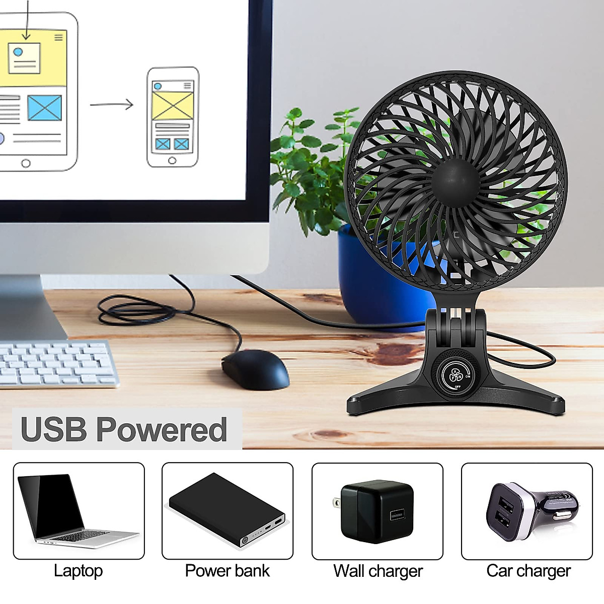 ZOEYEA USB Desk Fan, Strong Airflow Small Fan, Adjustable Rotation Desktop Table Cooling Fans with Plug-in USB Powered Cable, Quiet Personal Mini Fans for Home Office Travel
