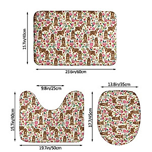 Cute Cocker Spaniel Dog Flower Floral 3D Print Bath Mat for Bathroom Rugs Sets 3 Piece，U-Shaped Contour Shower Mat Non Slip Absorbent ,Flannel Fabric Toilet Lid Cover Washable ,Doormat Antiskid Pad