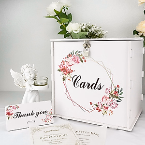 FCDECOR White Wedding Card Box with Lock, Gift Wedding Card Boxes for Reception, Greenery Rose DIY Wedding Envelope Money Card Box for Party Graduation Birthday Baby Shower Decorations