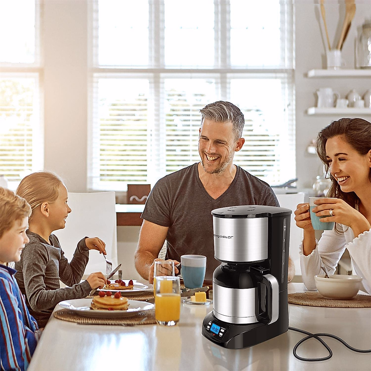 Aigostar Stainless Steel Coffee Maker, 8 Cup Programmable Coffee Maker with Thermal Carafe, 24H Timer and Reusable Filter, Anti-Drip System, Drip Coffee Maker with Quick Brew Technology, Black