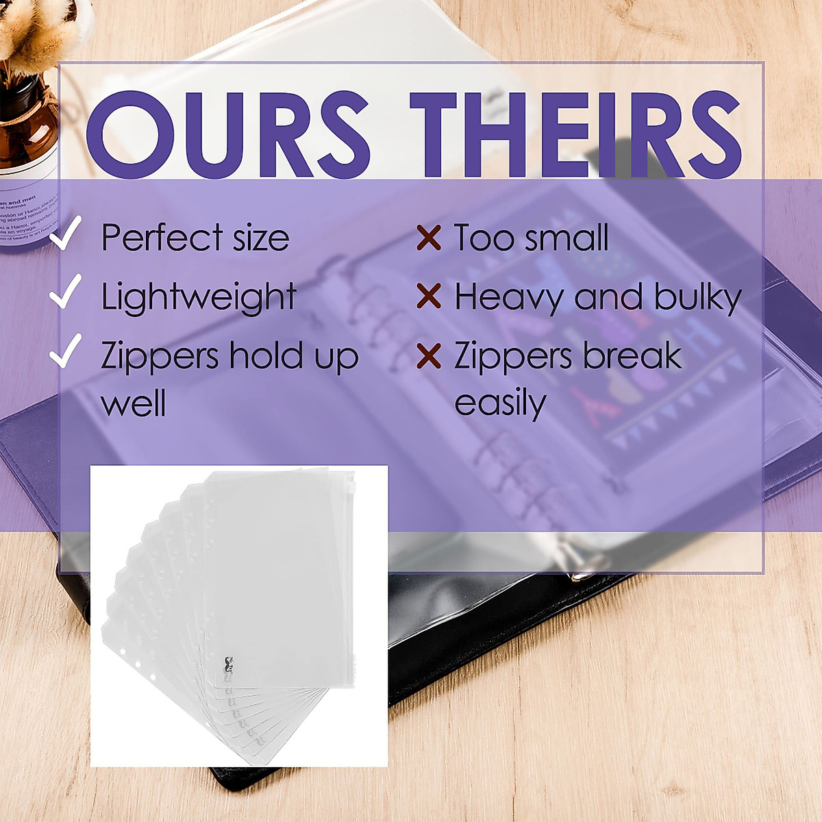 Mr. Pen A5 Plastic Binder Pockets, 8 Pieces, 6 Ring Binder Holes, 8 Pcs, Clear Envelopes for Cash, Money Organizer, Lightweight, Easy to Carry