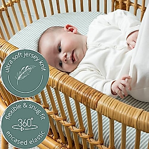 POPPI & MAX 100% Organic Cotton Bassinet Sheets for Boy Girl | 3-Pack Premium Jersey Bassinet Sheet Set | Fitted Baby Sheets for Standard Bassinet Pads | Bassinet Cover | Misty Sage Star Spot Stripe
