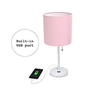Limelights LT2044-POW Stick USB Charging Port and Fabric Shade Table Lamp, White/Light Pink,8.5 x 8.5 x 19.5
