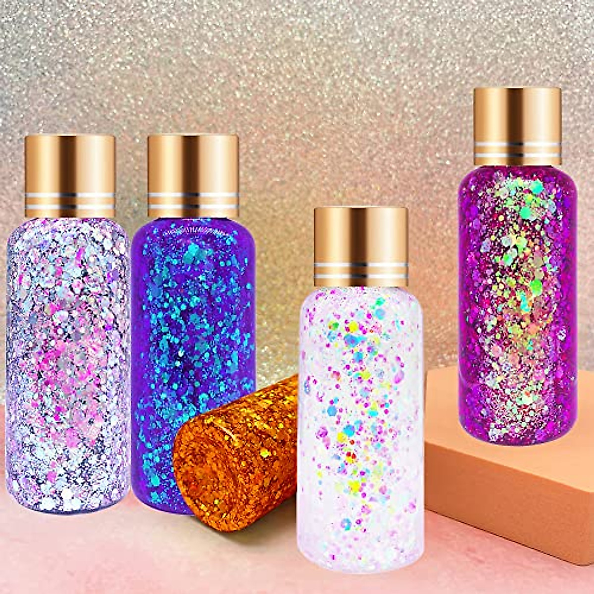 Body Face Glitter Gel SUPGIFT 5 Colors 7.8oz Holographic Chunky Chameleon Liquid Glitter Sequins Glue for Makeup Eyeshadow Hair Nail Slime Craft Resin with Spoon