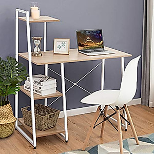 Tangkula Computer Desk with 4 Tier Shelves, Writing Desk Study Desk, Compact Computer Desk Workstation with X-Shaped Metal Frame & Adjustable Foot Pads, Home Office Desk (Natural)