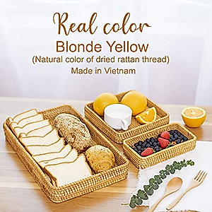 KOLSTRAW Rattan Tray Vanity Trays for Bathroom Coffee Table Tray Wicker Decorative Trays for Perfume Cologne Jewelry Key Makeup Brushes Remote Storage Large Ottoman Tray (3 Sizes: S+M+L, Honey Brown)