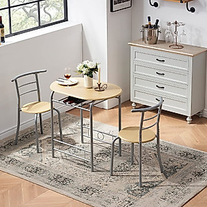 VECELO 3 Piece Wood Round Table & Chair Set for Dining Room Kitchen Bar Breakfast, with Wine Storage Rack, Space Saving, Natural