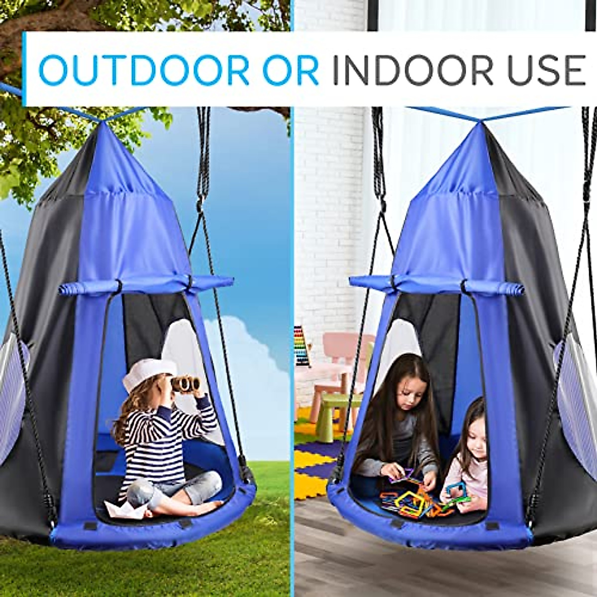 SereneLife Hanging Tent Swing with Hang Kit, Outdoor Tree Swing with Swivel Spinner for Kids (Blue)