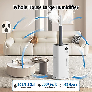 Humidifiers for Home Large Room-YOKEKON Large Humidifier for Whole House 3000 sq ft, 5.3Gal/20L, Greenhouse, Commercial Branch Tube Design with 360° Nozzle Sets, Remote, White