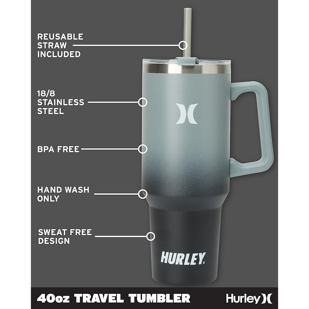 Hurley Tumbler Thermos - 40oz Double Wall Vacuum Insulated Travel Mug with Handle - BPA Free Stainless Steel Water Bottle - Leak Proof Hot and Cold Coffee Car Cup, Size 40 oz, Gradient Charcoal