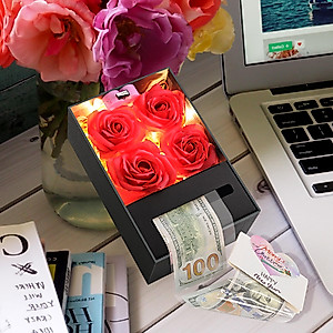 Money Box for Cash Gift Pull, Money Gift Boxes for Cash on Birthday, Christmas, Graduation, Mother's Day, for Husband, Wife, Girlfriend, Mother With Soap Rose Flower and Greeting Cards (Black+Red)