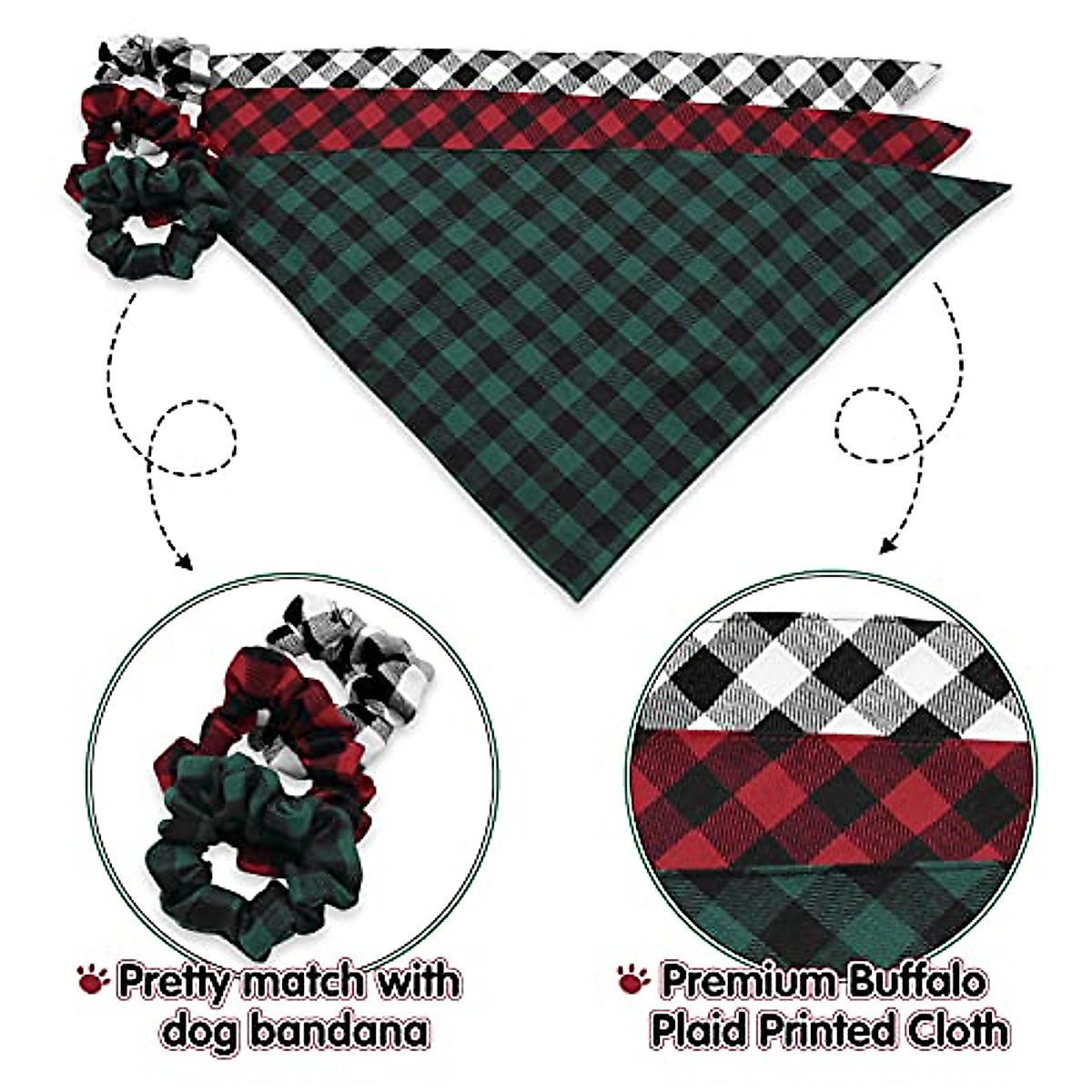 Buffalo Plaid Dog Bandana & Hair Scrunchies Dog Puppies Pets Accessories Cotton Bandanas Handkerchiefs Scarfs Dog Birthday Party Outfit Dog Lovers Presents