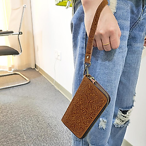 GUZUHUKU Vintage Embossed Zipper Wallet, Womens Wallets Large Capacity Detachable Wrist Strap Clutch Purses Perfect for Travel and Dating