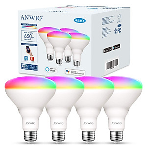 ANWIO Smart Light Bulb BR30 RGB Color Changing LED WiFi Dimmable Multicolor Light Bulbs E26 Base, Compatible with Alexa, Google Assistant, No Hub Required, 650 Lumen 8.5W (60W Equivalent) 4 Pack