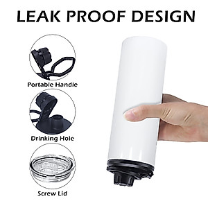 AGH 4 Pack Sublimation Sports Water Bottle Blanks 20 oz Sublimation Water Bottles Tumblers Double Wall Stainless Steel Vacuum Flask With Straw and Portable Handle for Sport Outdoor Travel, White