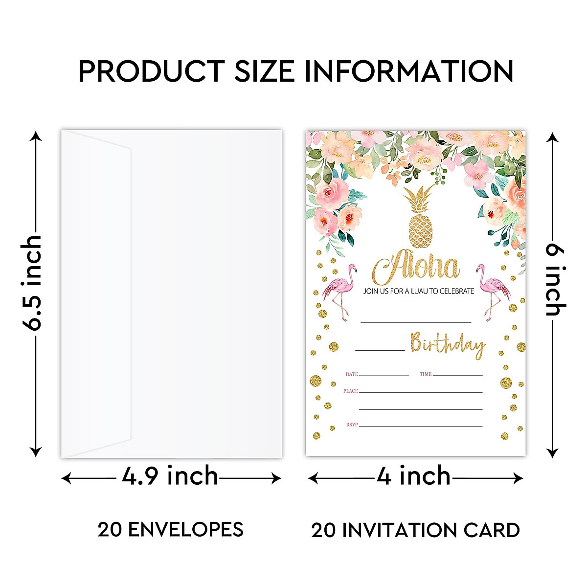 Hawaiian Aloha Luau Floral Birthday Party Invitations Cards with Envelopes, Tropical Summer Party Invitations, Birthday Celebration Supplies, Double-sided Fill-in bday Invites for Boys Girls- A09