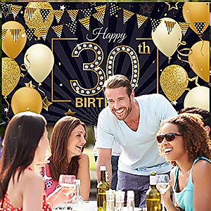 Happy 30th Birthday Backdrop Banner Extra Large Black and Gold 30th Birthday Photo Booth Backdrop Photography Background Happy 30th Birthday Party Decorations for Women and Men, 72.8 x 43.3 Inch