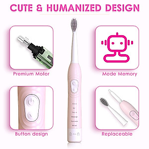 Chain Peak Sonic Electric Toothbrush for Men and Women, Rechargeable Smart Toothbrush with 6 Modes, 6 Brush Heads, 40000VPM, with Holder, Pink and White