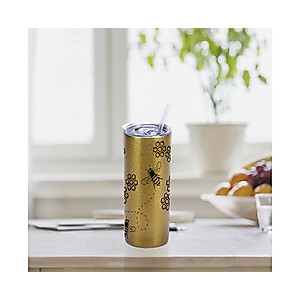 Elanze Designs Bumble Bee Hive Honeycomb Wrap-Around Design 20 Ounce Insulated Stainless Steel Coffee Travel Tumbler Mug Cup, Slide Top Lid & Reusable Straw, Vegas Gold Glitter