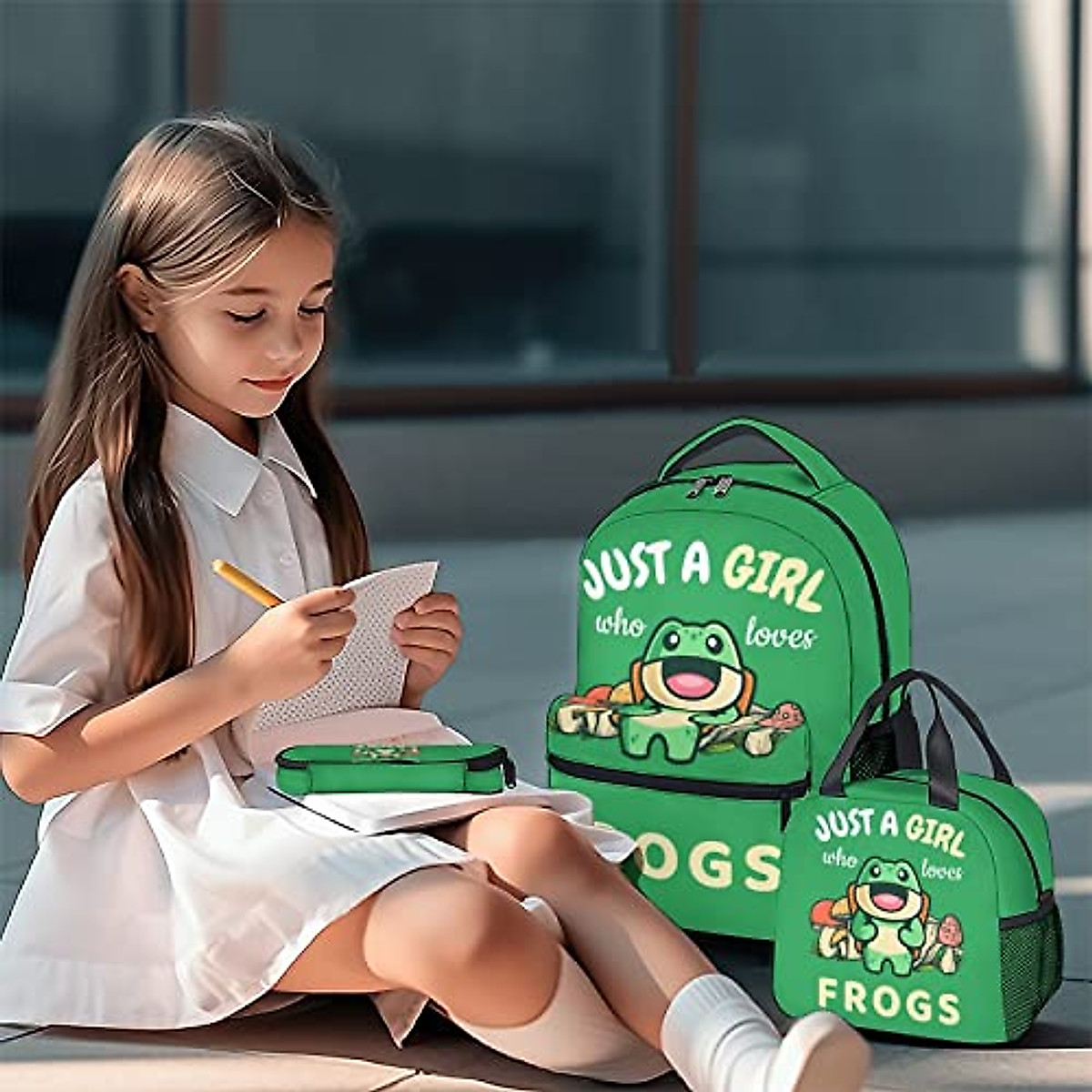 CUNEXTTIME Frog Backpack with Lunch Box And Pencil Case, Set of 3 Cute Bookbag for Girls Boys, Lightweight Large Capacity School Bag