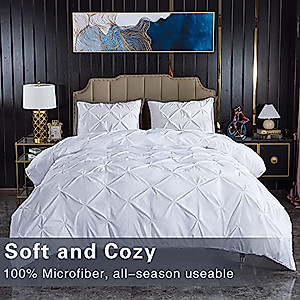 Litanika White Queen Pinch Pleat Duvet Cover, 3 Pieces Pintuck Cover Soft Microfiber Bedding Set with Zipper Closure & Corner Ties(90x90Inch-1 Duvet Cover, 2 Pillowcases)