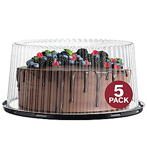 10 - 11" Plastic Disposable Cake Containers Carriers With Dome Lids And Cake Boards [5 Pack] And Cake Server | Round Bundt Cake Boxes / Cover | 2-3 Layer Cake Holder Display Containers For Transport