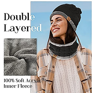 URECOVER Winter Beanie Scarf for Men - Black Slouchy Knit Fleece Cap for Women, Toboggan Hat Christmas Stocking Stuffers Birthday Gifts for Teens Unisex Adults