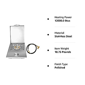 Stanbroil Gas Single Side Grill Burner, Outdoor Grill Drop-in Built-in Side Grill Burner for Propane Gas - Stainless Steel