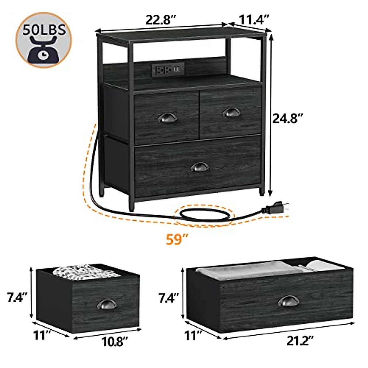 Furnulem Nightstand Set of 2, End Table with Charging Station, Industrial Bedside Tables with USB Ports & Power Outlets, 3 Fabric Drawer Dresser with Shelf for Bedroom, Living Room, Black Oak