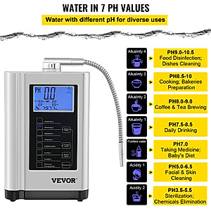 VEVOR Water Ionizer Machine, 7 Water Settings, Alkaline Acid Home Filtration System w/ 3.8" LCD Touch Panel, pH3.5-10.5 Kangen Water w/ 6000L Replaceable Filter, up to 1000PPM TDS & -500mV ORP, Silver
