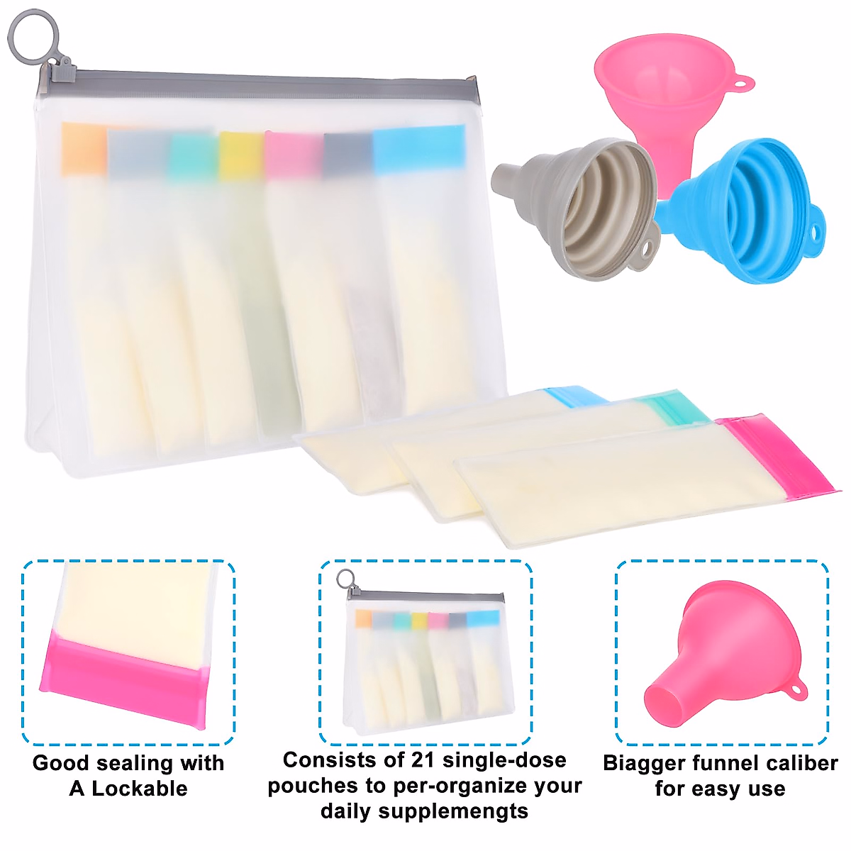 Protein Powder Travel Container with Funnels, Reusable Powder Dispenser Supplement Portable Protein Container To Go, 21pc Single Dose Bags and 3pc Large Standable Zip Bags for Workout, Fitness, Travel