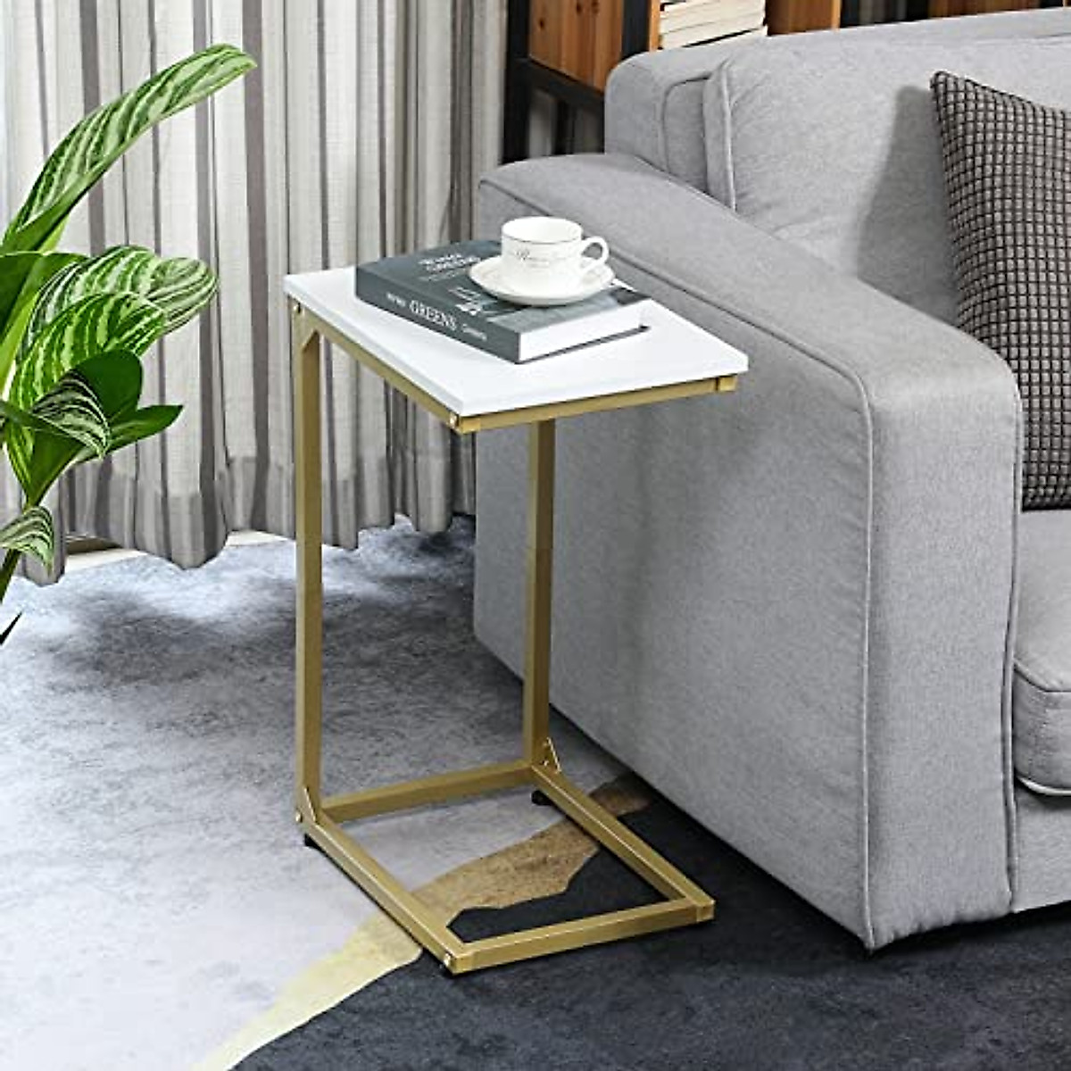 AMHANCIBLE C Shaped Side Table Set of 2, Couch Tables End Table That Slide Under, for Small Space, TV Trays for Living Room, Bedroom, Metal Frame, Acent Golden White HET02GWT