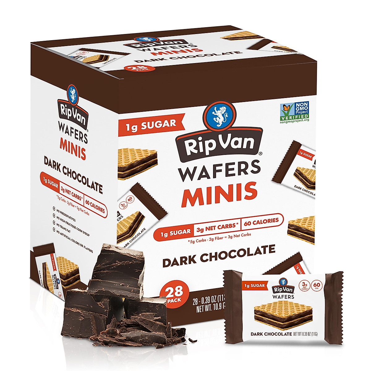 Rip Van Dark Chocolate Mini Wafer Cookies - Healthy Low Sugar Snack - 28 Count