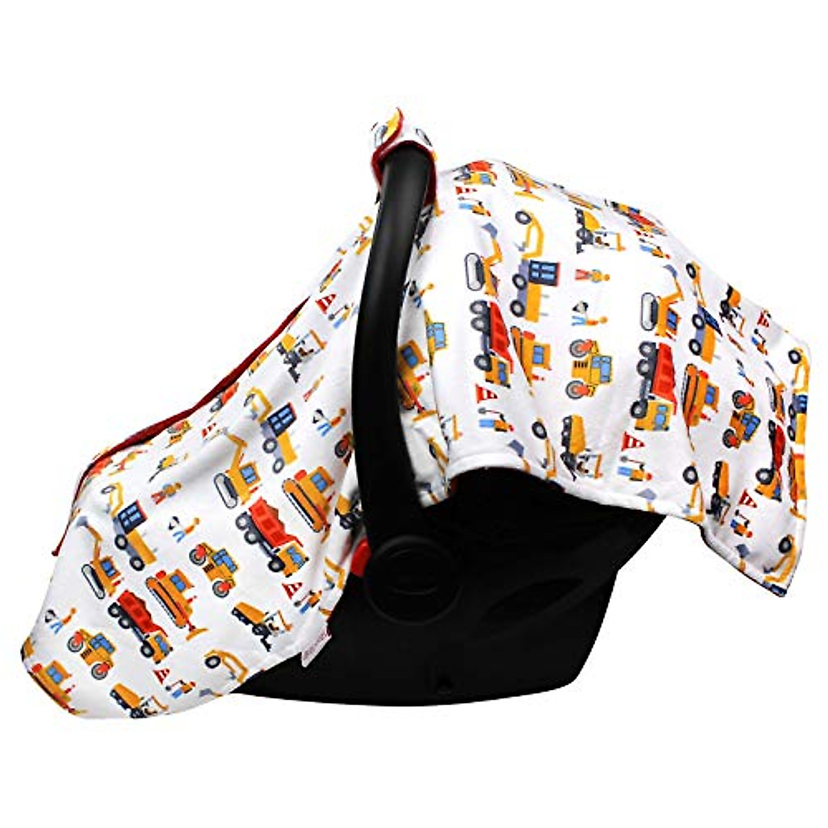 Baby Car Seat Canopy Cover - Construction Tractors with Red Minky Dot