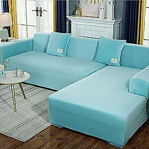 TVPFM Velvet Stretch Sectional Couch Covers, 2 Pieces L Shaped Sofa Cover with 2 Pillowcases Super Soft Universal Sofa Cover for Living Room Pets-Light Blue-4 Seater+4 Seater