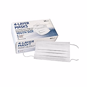 WMS Small Ear Loop 4-Layer Youth Face Masks, Wisconsin Medical Supplies, MADE IN USA, 1 Pack (50 Masks)