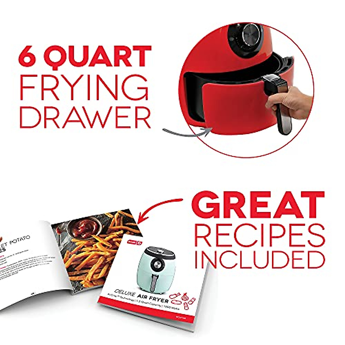 Dash Deluxe Electric Air Fryer + Oven Cooker with Temperature Control, Non-stick Fry Basket, Recipe Guide + Auto Shut off Feature, 1700-Watt, 6 Quart - Red