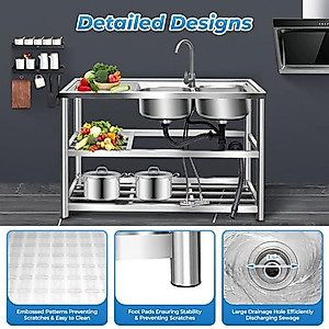 Utility Sink, 2 Compartment Stainless Steel Commercial Kitchen Prep & Utility Sink with Drainboard - Expanded Size 47" x 33" x 17"