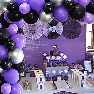 Purple and Black Balloon Garland Arch Kit, Black Purple Silver Balloon Arch Kit with 2PCS 4D Foil Star 18/12/10/5 inch Latex Balloons for Halloween Birthday Graduation Themed Party Decorations
