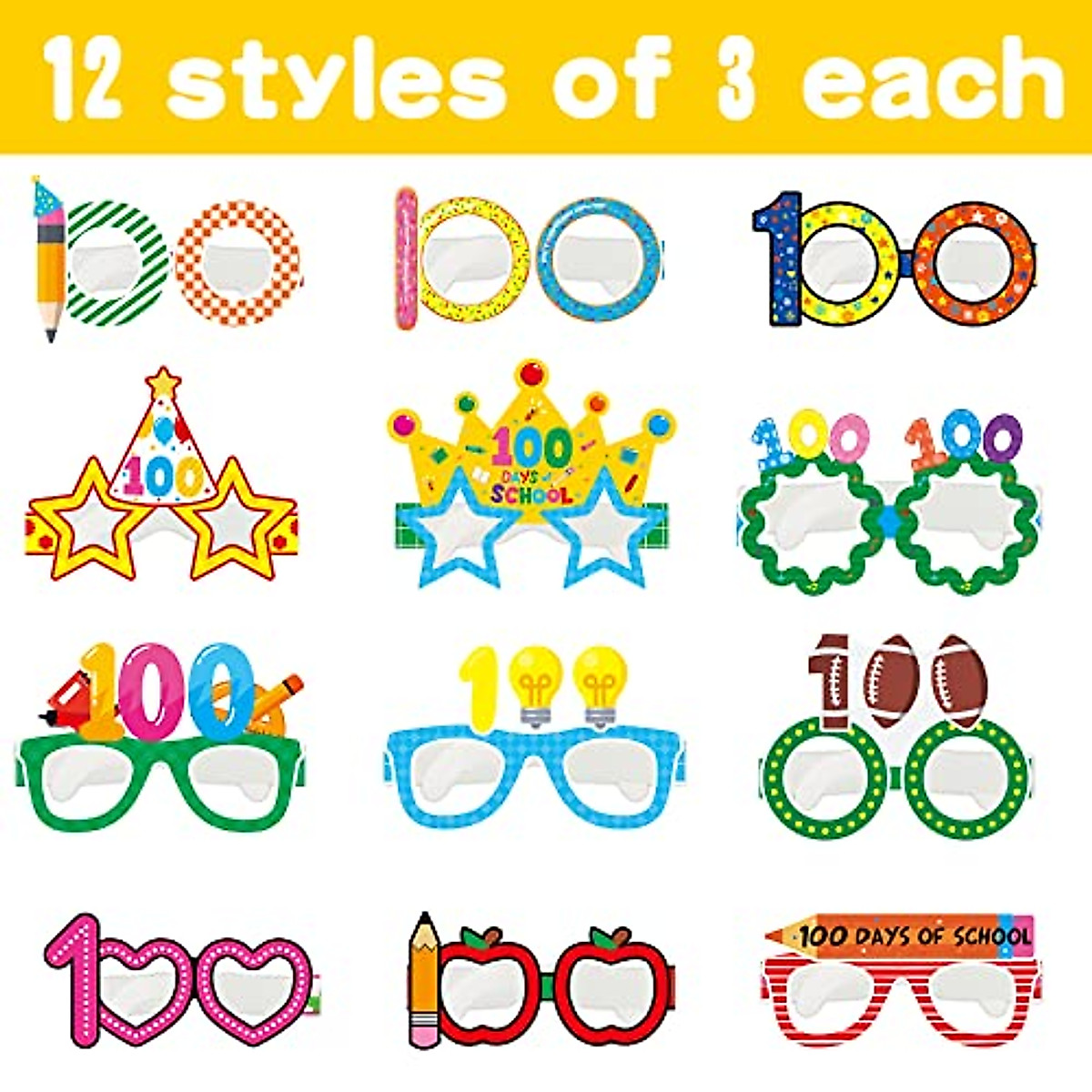 RFM4S 100th Day of School Glasses 36 PCS 100 Days of School Paper Glasses for Kids Colorful 100 Days of School Decorations Photo Booth Props 100 Days of School Celebration Party Favors