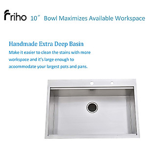 Friho 33"x 22" Inch Drop in Stainless Steel Kitchen Sink,Brushed Nickel Kitchen Sinks,Single Bowl Basin Handmade Topmount Kitchen Sink With Dish Grid,Dish Drainer,Cutting Board and Basket Strainer