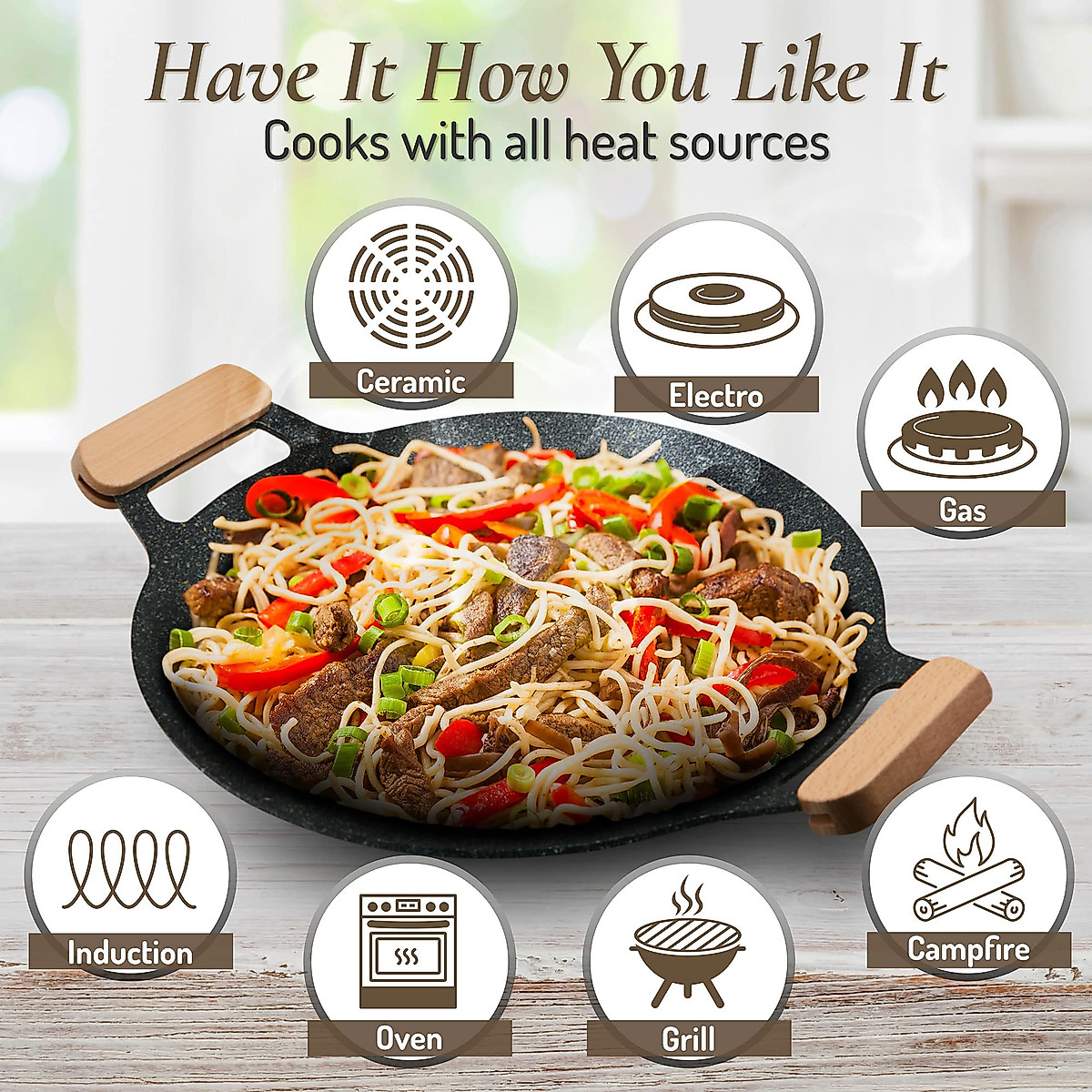 FRESHY CHEF Korean Grill Pan - 15 Inch Non-Stick Aluminum Korean BBQ Grill Pan with 2 Wooden Holders, Rack, and Storage Bag - Lightweight Aluminum Griddle Pan for Stove Top, Induction, Camp Fire