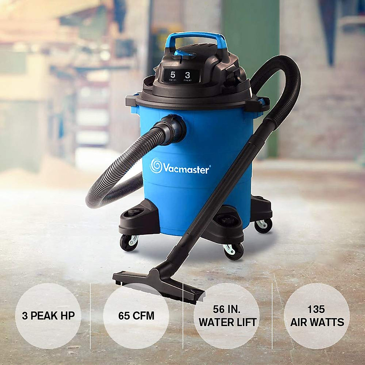 Vacmaster 3 Peak HP 5 Gallon Shop Vauum with Hepa Filter Powerful Suction Wet Dry Vacuum Cleaner with Blower Function 1-1/4 inch Hose 10ft Power Cord