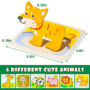 NiToy Wooden Animal Jigsaw Puzzles for Kids, Montessori Educational Building Block Toys Vivid Color Shapes for 36 Month+ Preschool STEM Early Learning Games Gift for Boys and Girls Age 3+ (6 Animals)