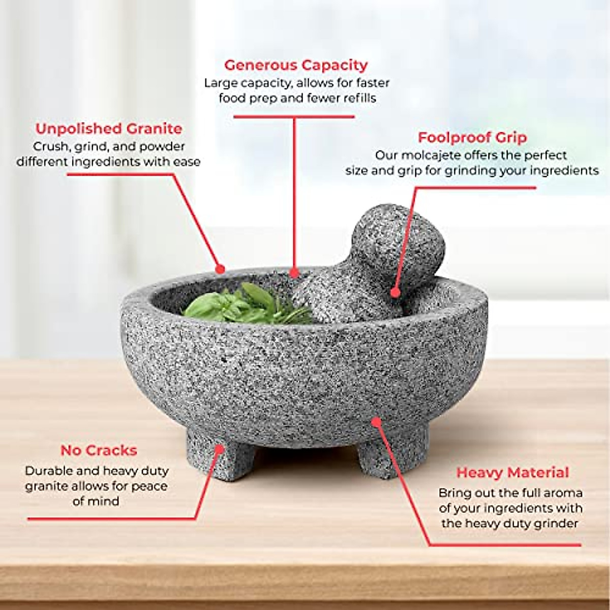 Alpine Cuisine Mortar and Pestle Molcajete Set - 8 Inch Granite - Unpolished Granite, Spice Grinder Bowl for Salsa, Herb Crusher, Grind and Crush Spices